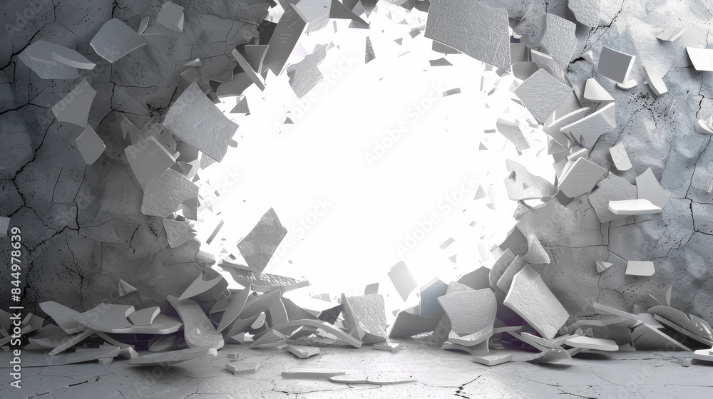 Damaged wall with a large hole and light beams shining through. The ...