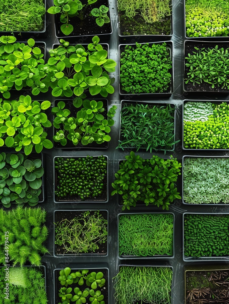A top-down view of a microgreen farm with rows of trays filled with ...