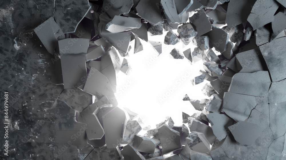 Damaged wall with a large hole and light beams shining through. The ...