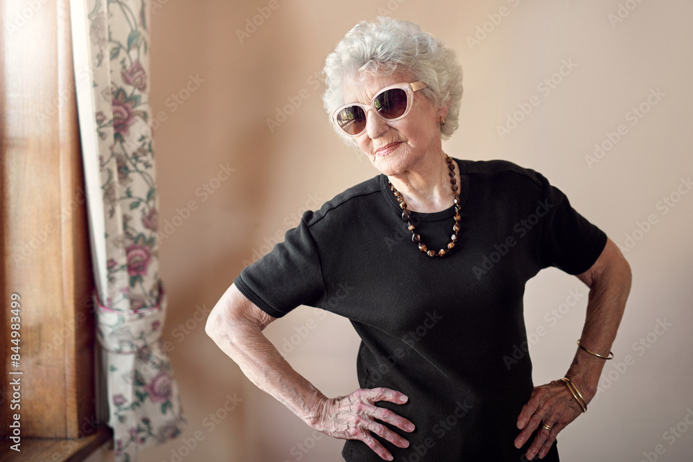 Fashion, sunglasses and senior woman with attitude in retirement home ...