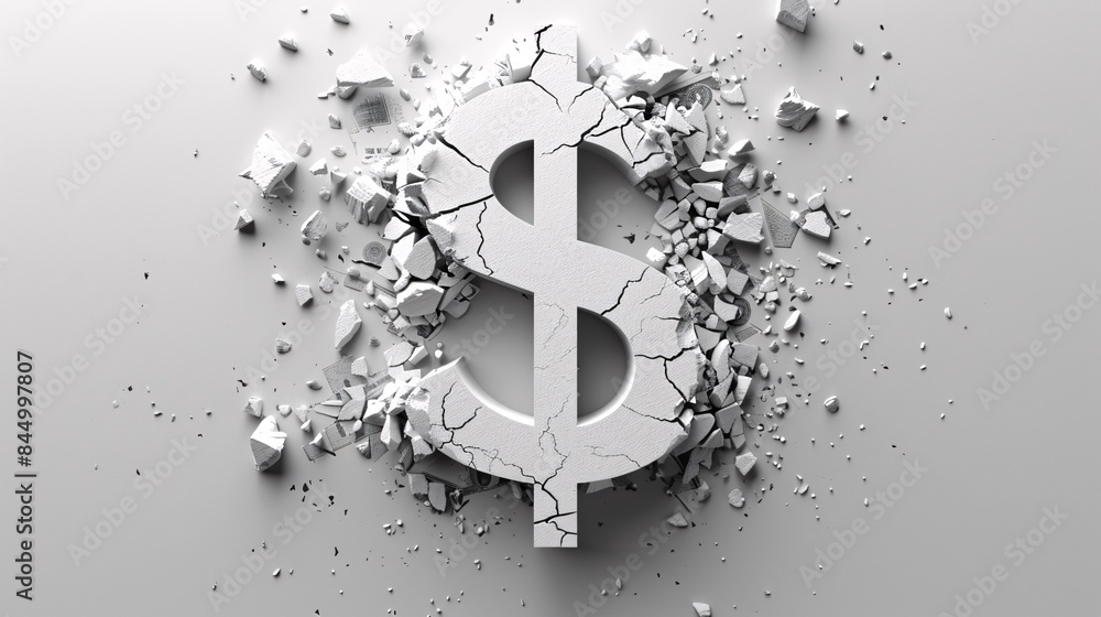 3D illustration of a white dollar sign breaking into pieces, on a solid ...