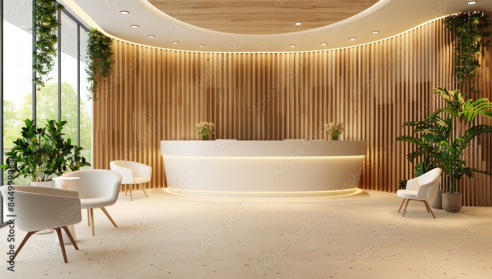 modern and elegant hotel reception, curved walls with wooden slats on ...