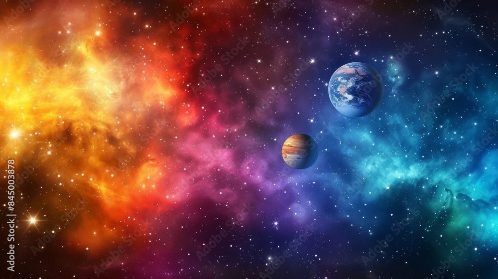 Defocused nebulae and distant galaxies provide a colorful backdrop for ...