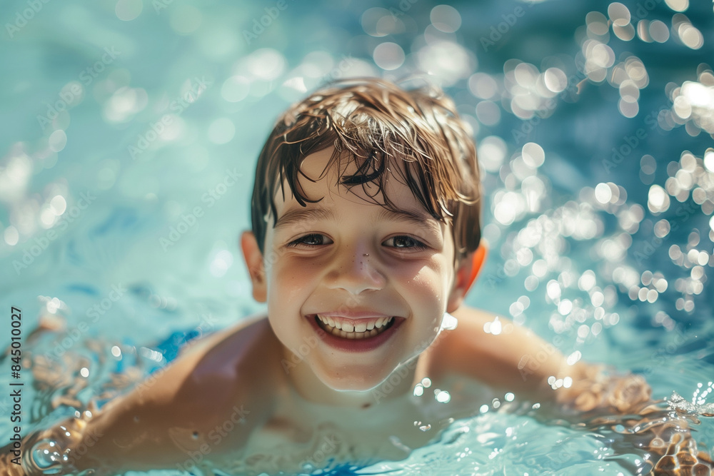 Boy swimming in a pool with visible joy, surrounded by cool water on a ...