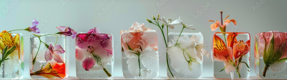 Frozen Flower Ice Cubes Closeup - Detailed shot of colorful flowers ...