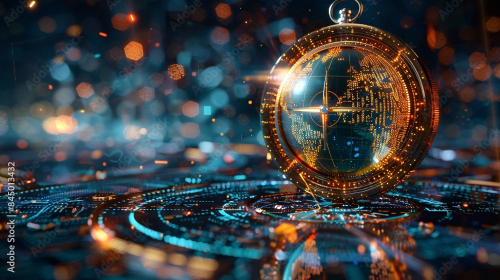 A metallic compass floating above a holographic globe with continents ...