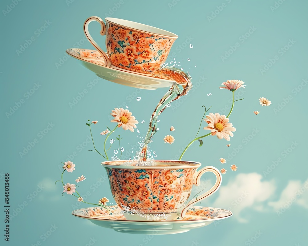 A whimsical scene with a floating teacup and saucer, pouring tea into ...
