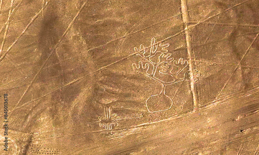Aerial shot of the Nazca Lines in Nazca, Peru. The lines were created ...
