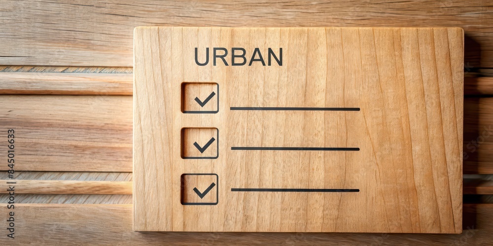 Close-up of a modern wooden urban checklist with checkboxes for ...
