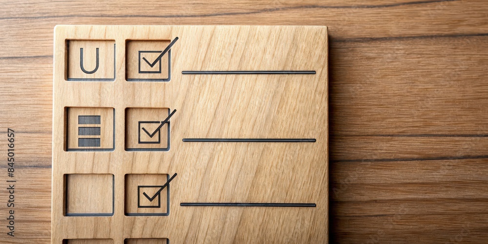Close-up of a modern wooden urban checklist with checkboxes for ...