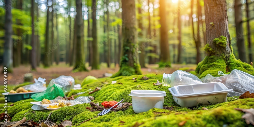 Plastic waste and food packaging on mossy forest floor after picnic ...