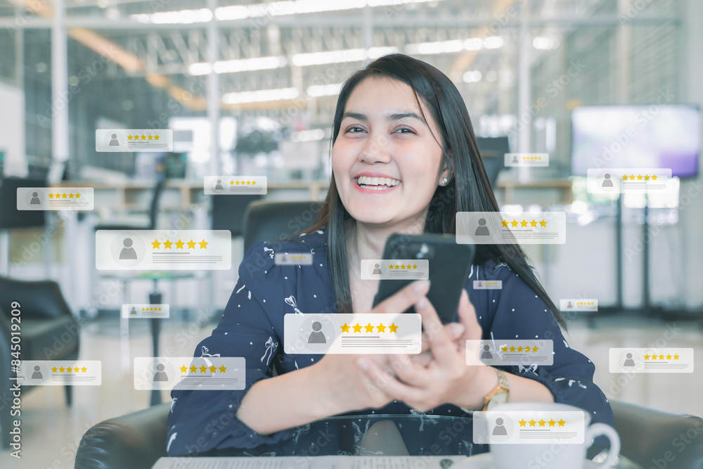 Customer review good rating concept, hand pressing user and five star ...