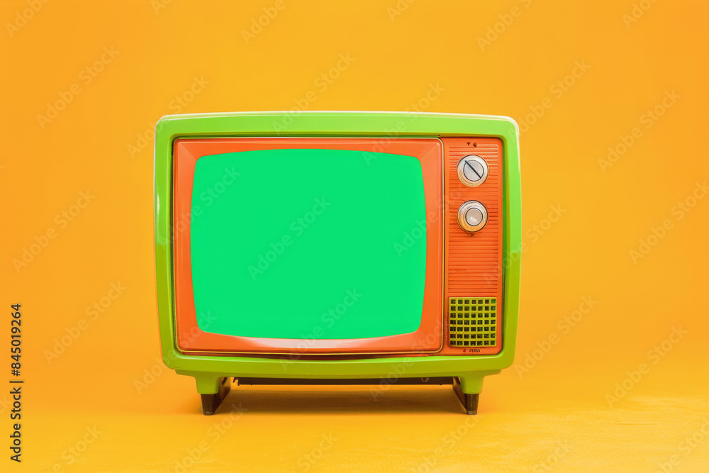 Old retro television with a green screen on a yellow background. Retro ...