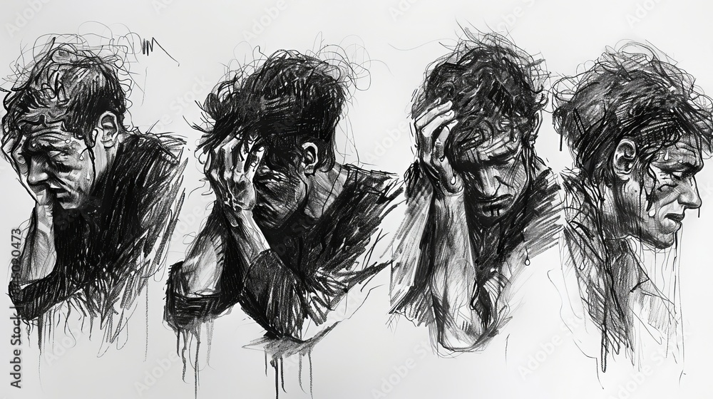 Series of mental health trauma patient depicted by pencil sketch , a ...
