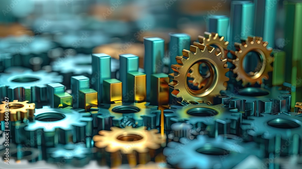 Tech Evolution Gears intertwine with a rising bar graph, representing ...