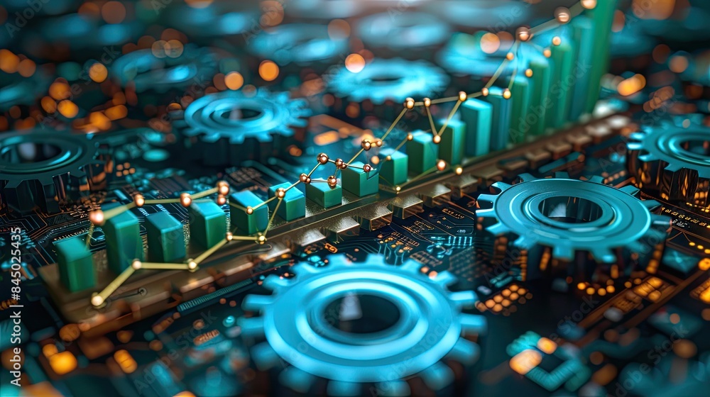 Tech Evolution Gears intertwine with a rising bar graph, representing ...