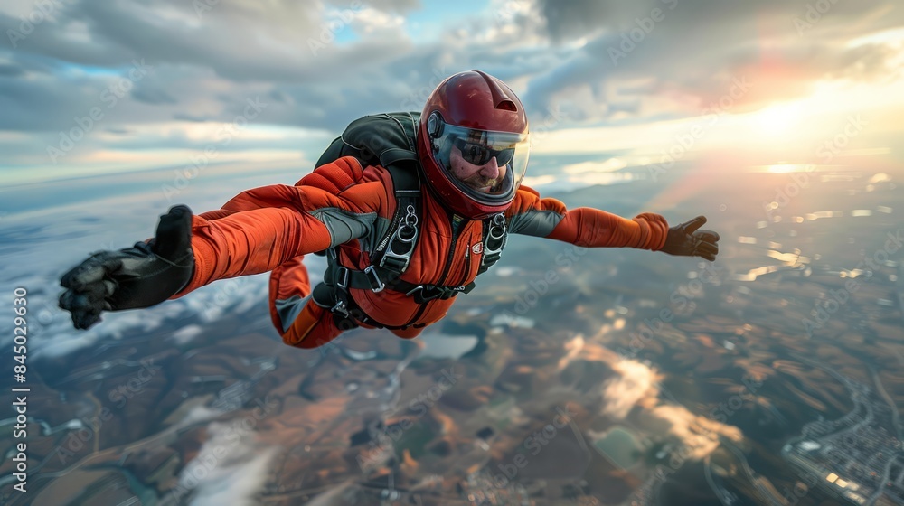 photograph of A skydiver in free fall with a breathtaking view of the ...