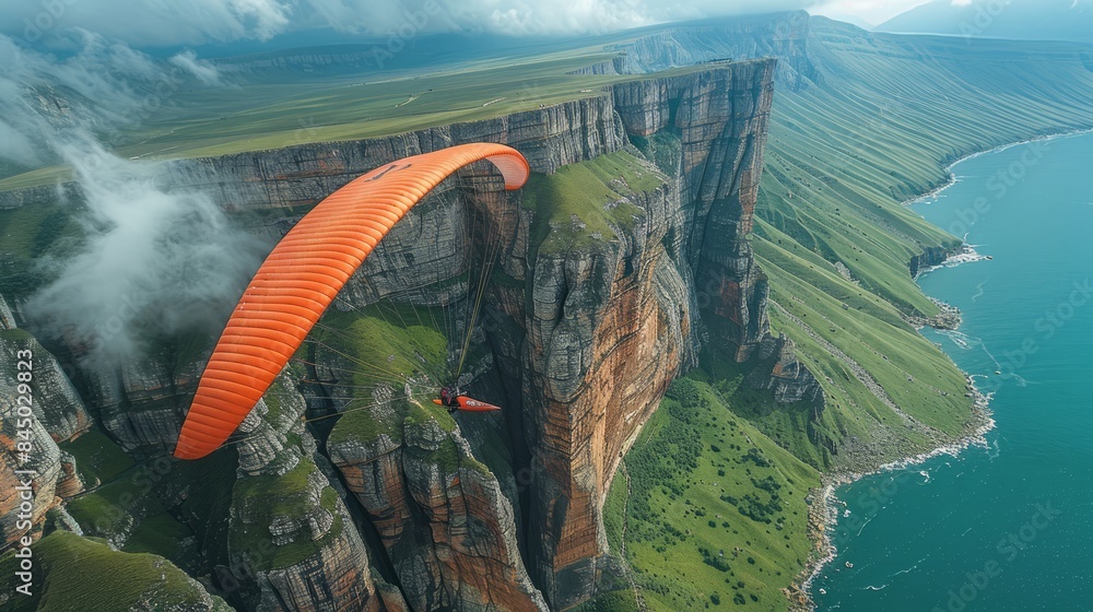 photograph of A hang glider pilot launching from a high cliff, the wing ...