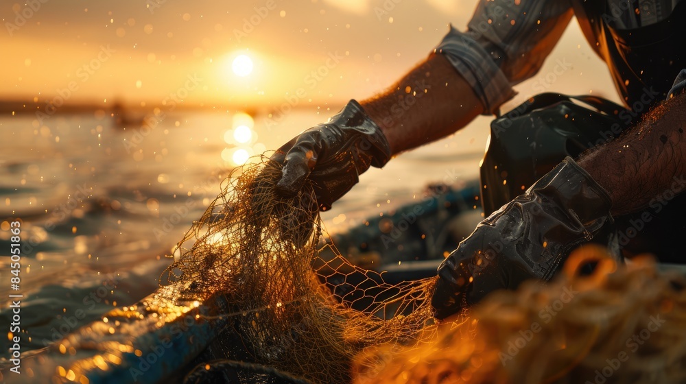 Fisherman pulling net from water at sunset, depicting daily life and ...
