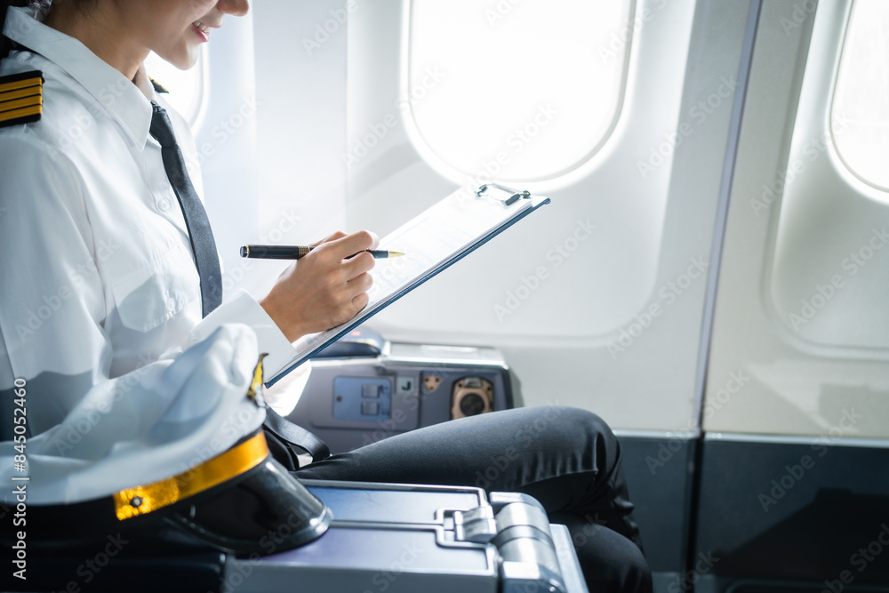 A female pilot in a blazer with epaulettes leans forward in the ...
