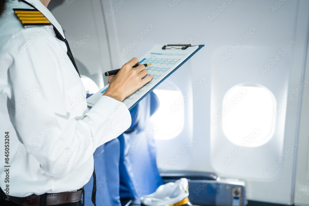 A female pilot in a blazer with epaulettes leans forward in the ...