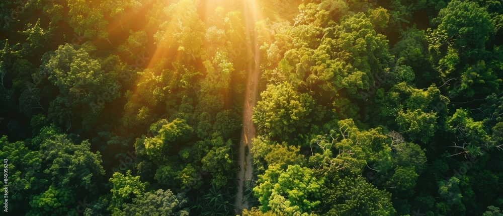 Aerial perspective of a forest pathway illuminated by sun flares ...