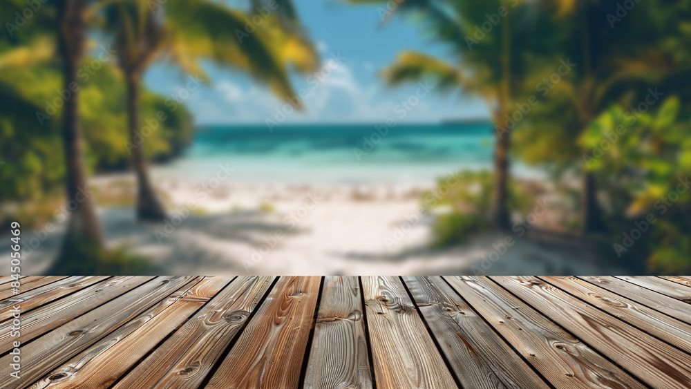 Summer product display wooden table in front of a blurred tropical ...