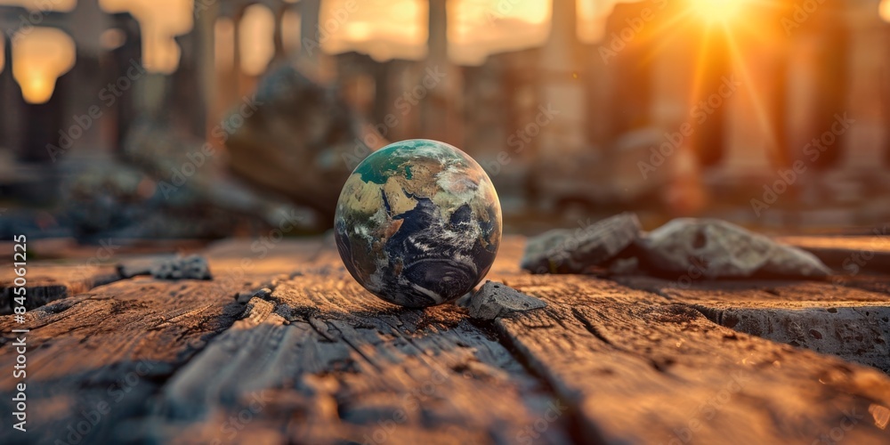 Earth on wooden surface with ruins in the background, world environment ...