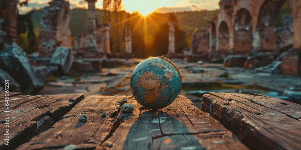 ภาพประกอบสต็อก Earth on wooden surface with ruins in the background ...