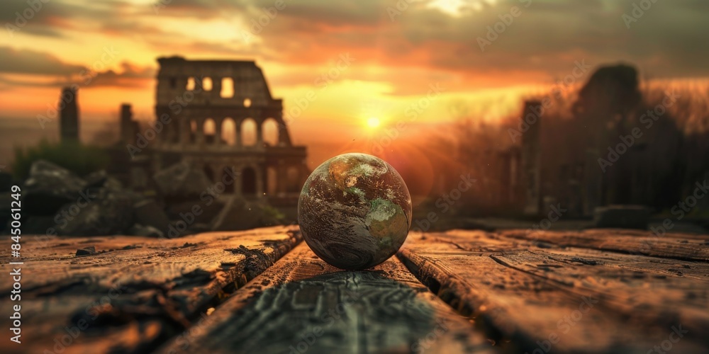 Earth on wooden surface with ruins in the background, world environment ...