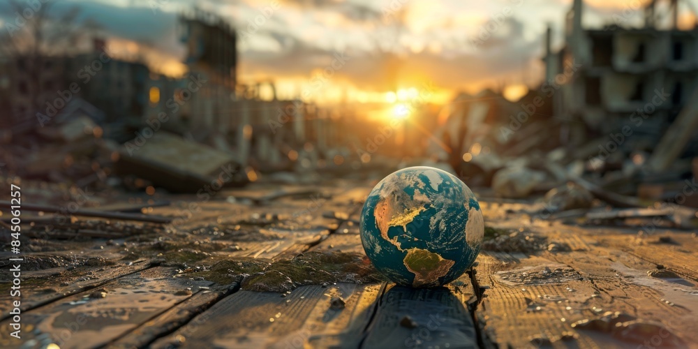 Earth on wooden surface with ruins in the background, world environment ...