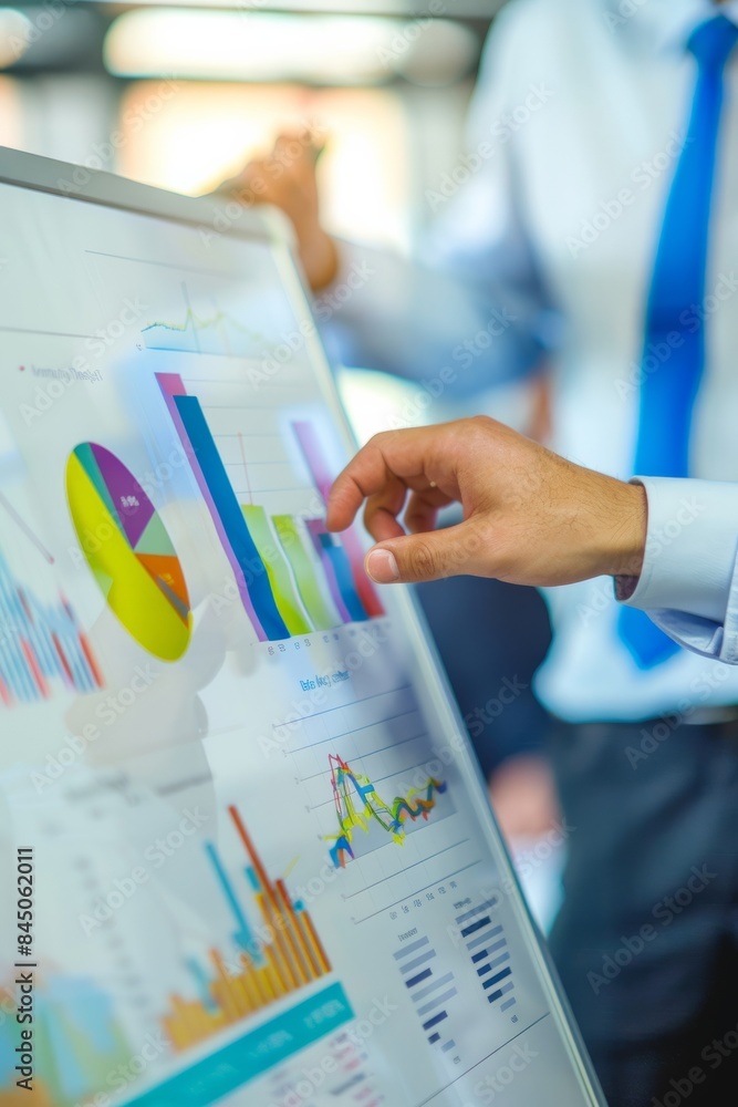 Professional Photography of a sales meeting in progress, with charts ...