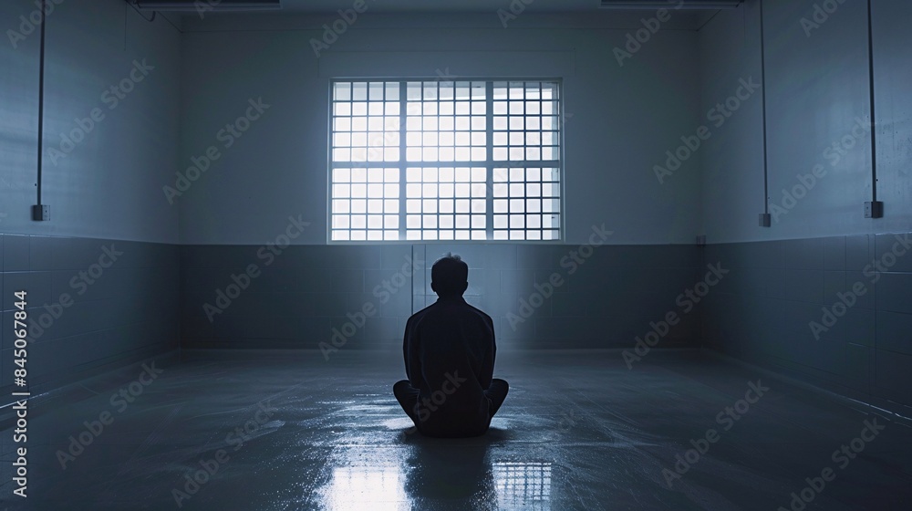Back view of a person sitting alone in a bare isolation room, evoking ...