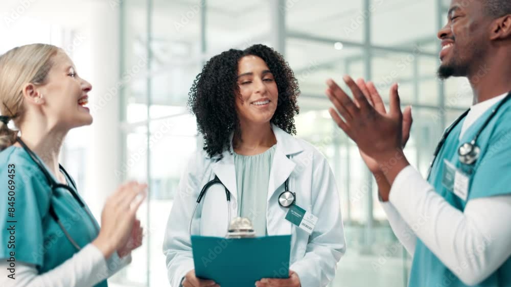 Doctor, nurse and high five for success for medical results, training ...