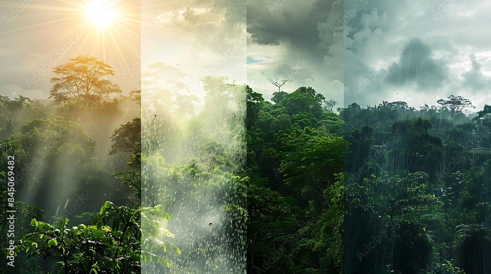 Rainforest during different weather conditions, such as heavy rain ...