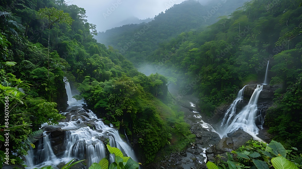 Rainforest rivers and waterfalls, shown in different stages of flow and ...