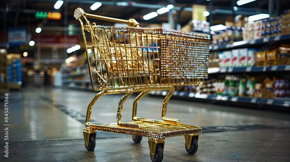 A single fancy golden bedazzled supermarket shopping trolley sits ...
