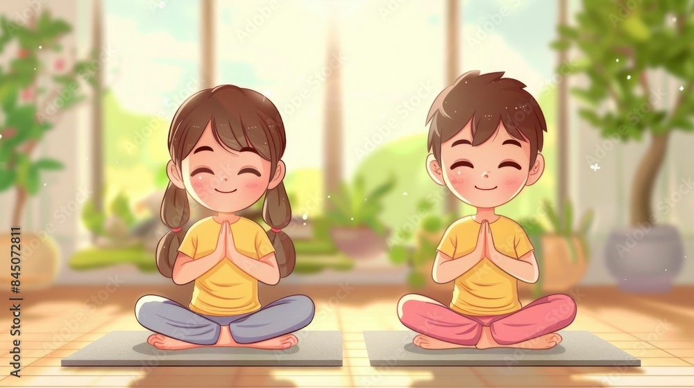 Cheerful Chibi Boy and Girl Characters Practicing Simple Yoga Poses ...
