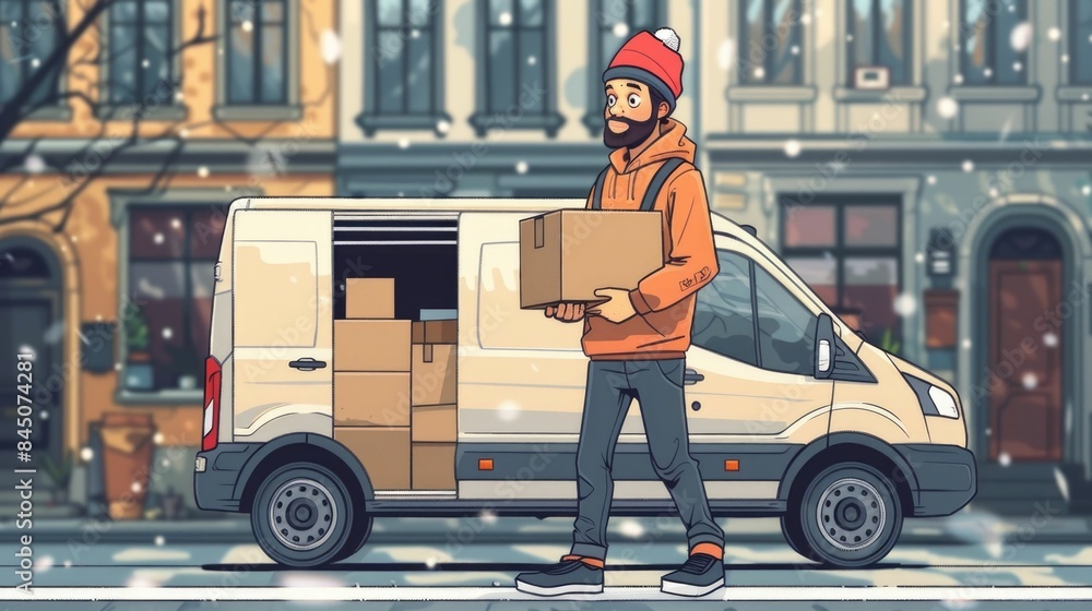 Photo & Art Print Cute cartoon style chibi character of a delivery man ...