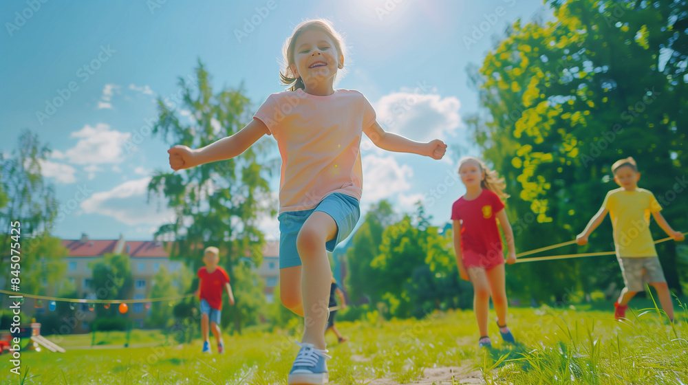 Happy kids play outdoor. Children skipping rope in sunny garden. Summer ...