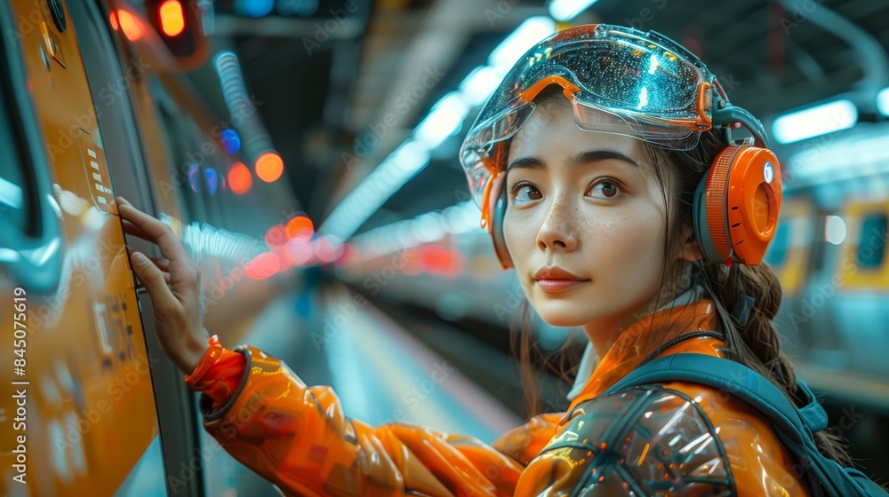 Female Engineer Inspecting High-speed Train. Female engineer in ...