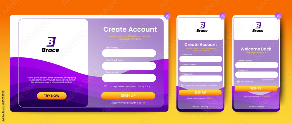 Set of Sign Up and Sign In forms. Blue gradient. Mobile Registration ...