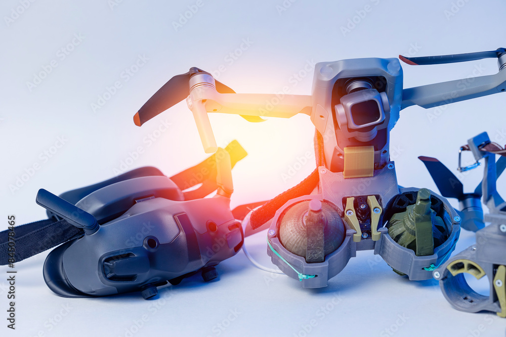 Army drone with mechanism for dropping grenades, glasses for fpv, blue ...