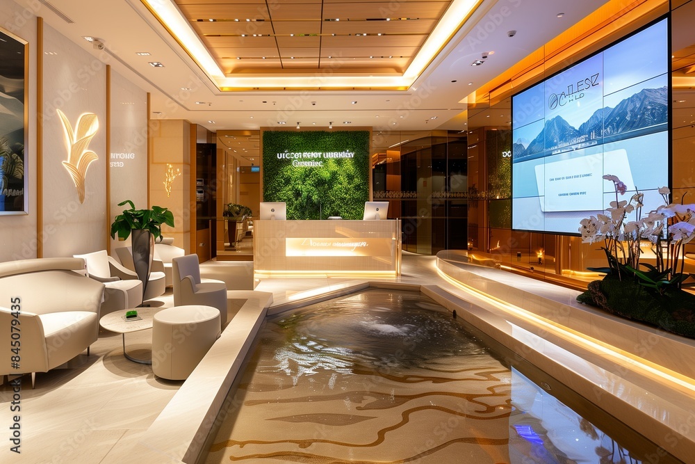 A luxurious office reception area with a sleek, modern reception desk ...