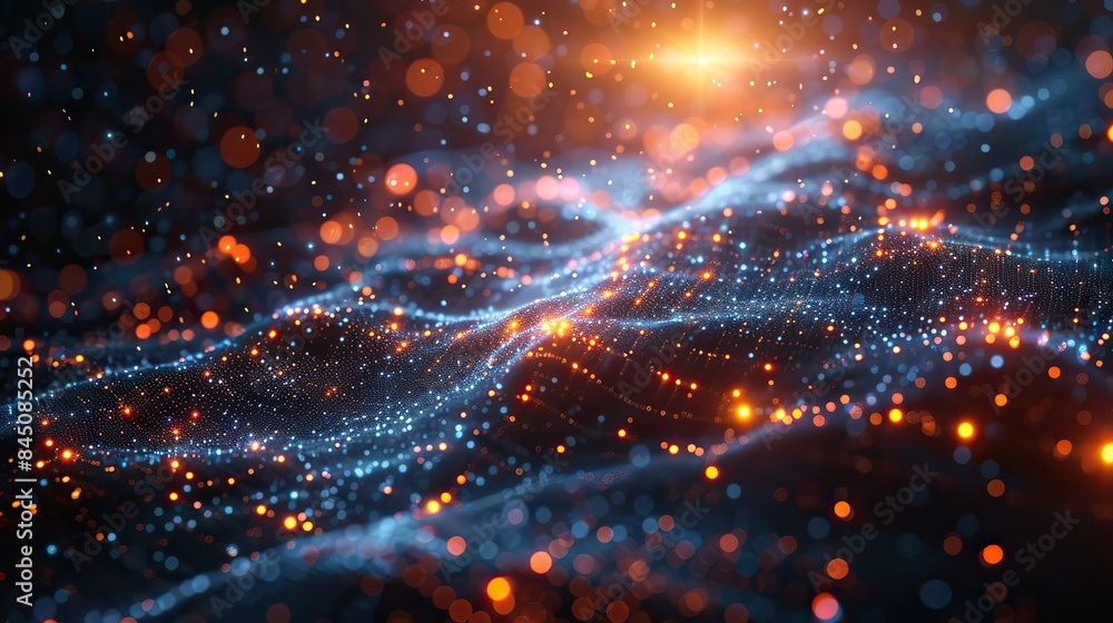 Abstract technology background featuring an explosion of digital particles, highlighting a ...