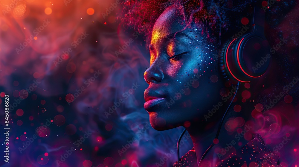 An African woman with headphones immersed in vibrant colors, dynamic ...