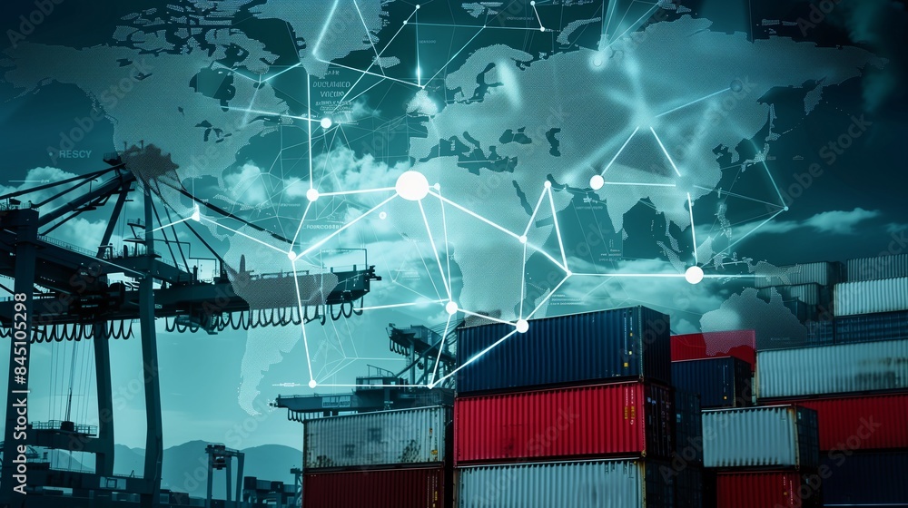 Global network overlay on shipping containers and cranes background ...