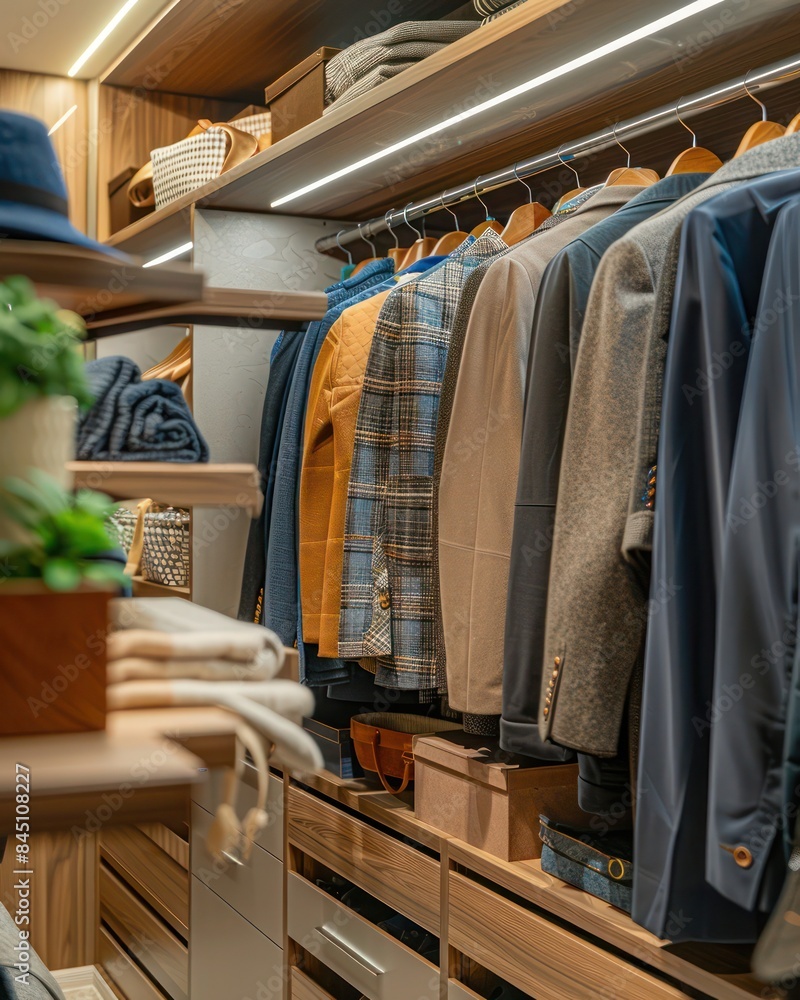 Modern men's walk-in closet designed for minimalism and functionality ...