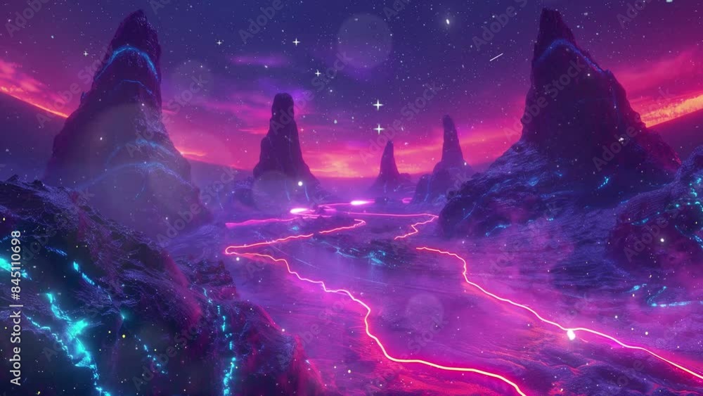 neon trails outline the contours of an alien landscape seamless looping ...