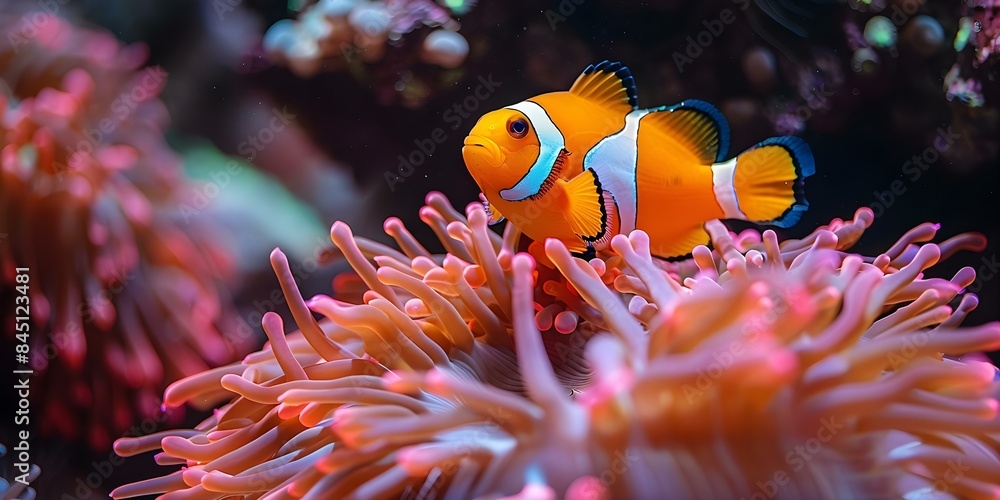 Colorful clownfish hiding in anemone tentacles within a vibrant coral ...